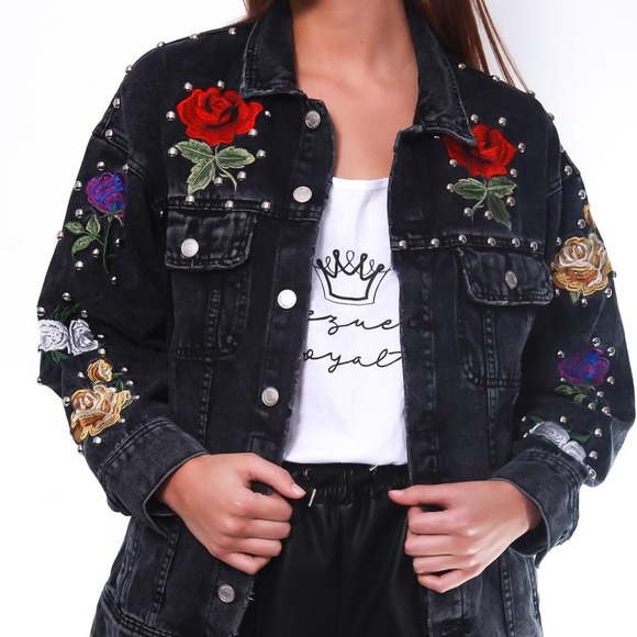 Signature8 | Jackets & Coats | Signature8 Black Denim Studded Floral ...